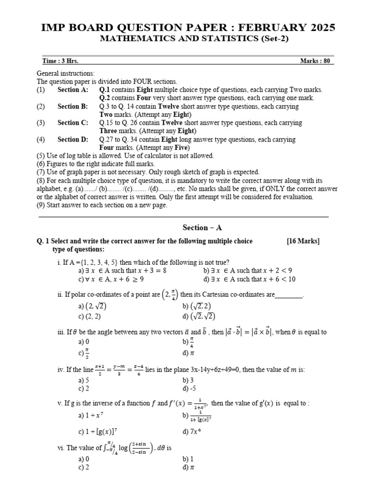 Imp Question Paper Set-2 | PDF | Multiple Choice | Mathematics