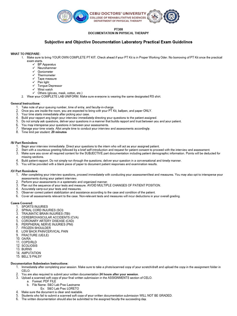 PT308-SO-LAB-PRACTICAL-GUIDELINES-AND-STUDENT-SEQUENCE | PDF | Clinical ...