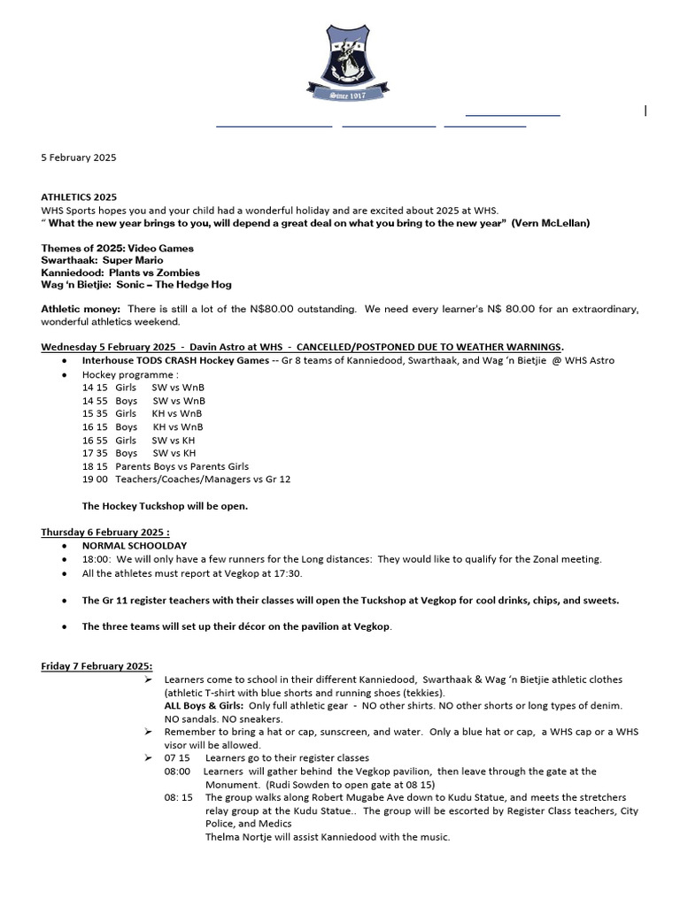 WHS 2025 Letter with information for the parents. Interhouse Athletics ...