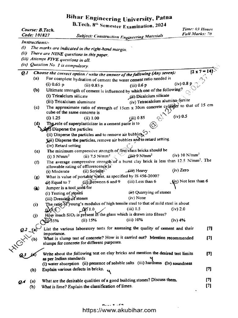 Btech Ce 8 Sem Construction Engineering Materials 101827 2024 | PDF