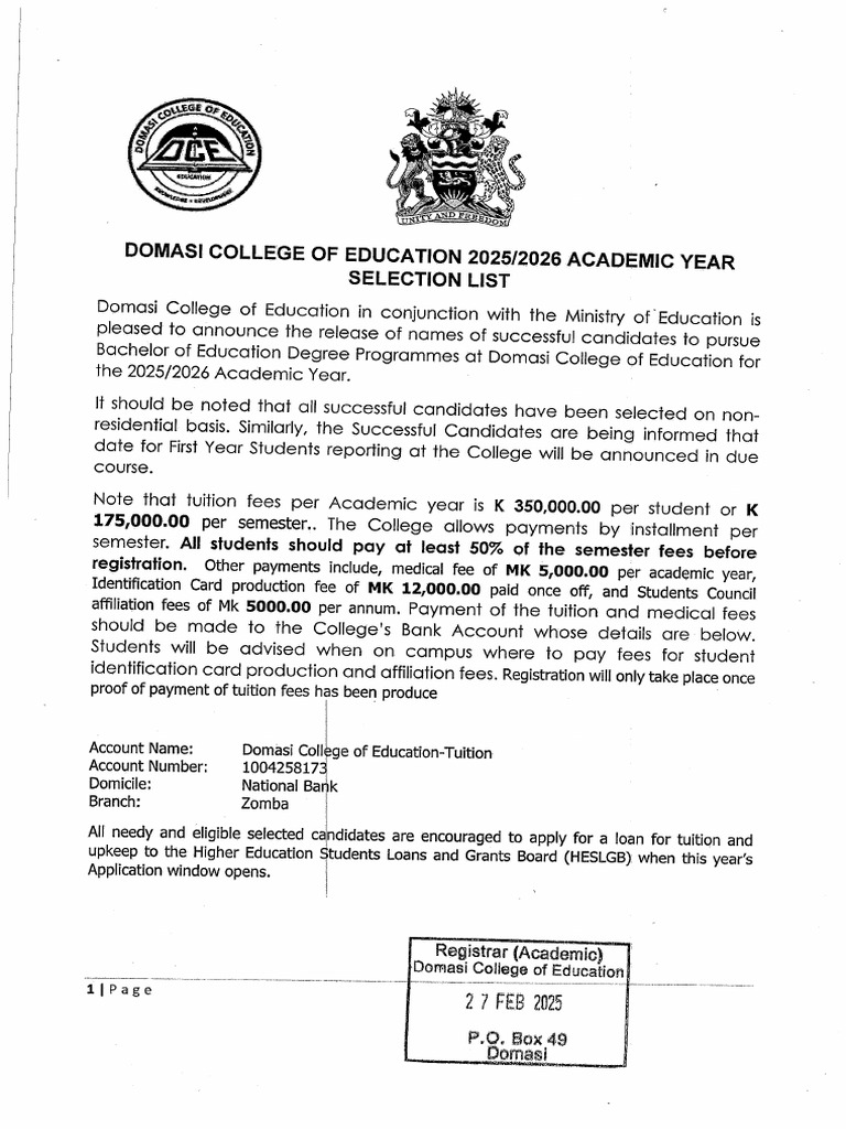 Domasi College Selection List 2025-2026 | PDF