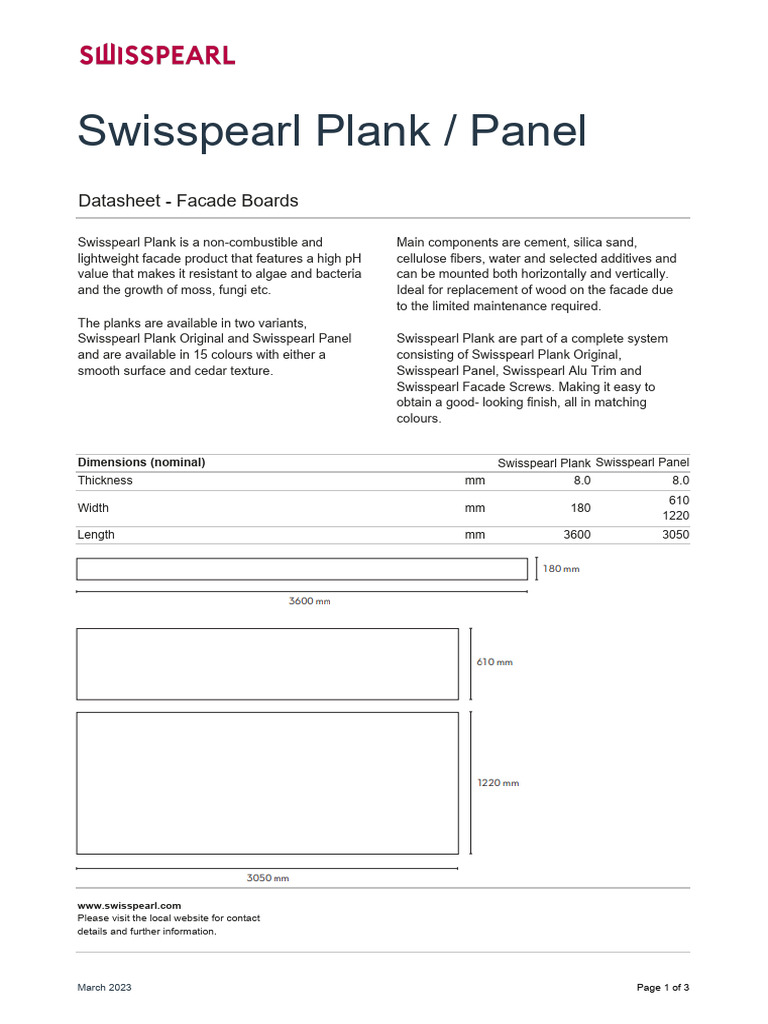 Datasheet Swisspearl Plank&Panel | PDF | Materials | Building Engineering
