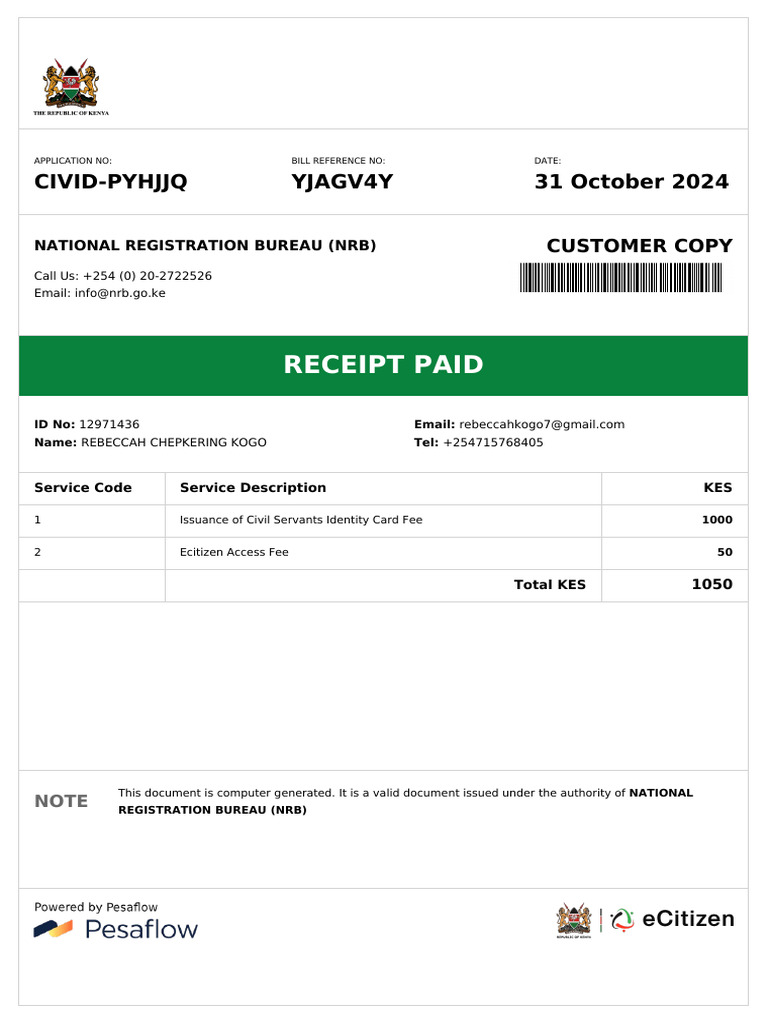 CIVID-PYHJJQ-NRB RECEIPT | PDF | Identity Document | Access Control