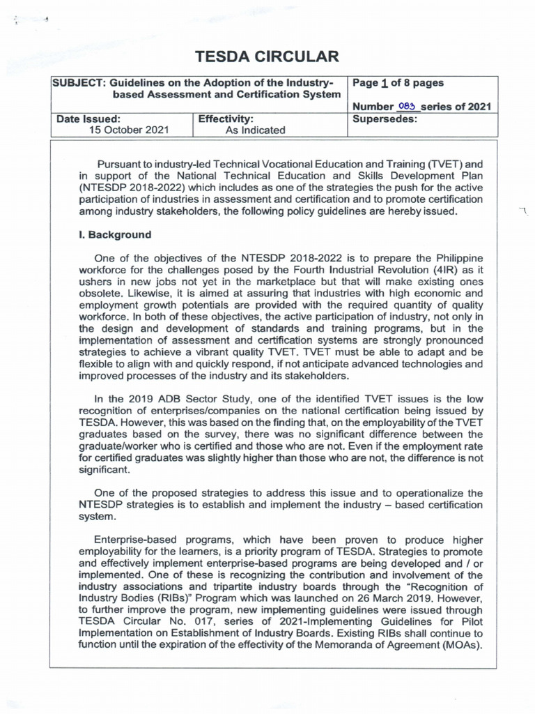 TESDA Circular No. 083-2021 Industry-Based Assessment | PDF ...