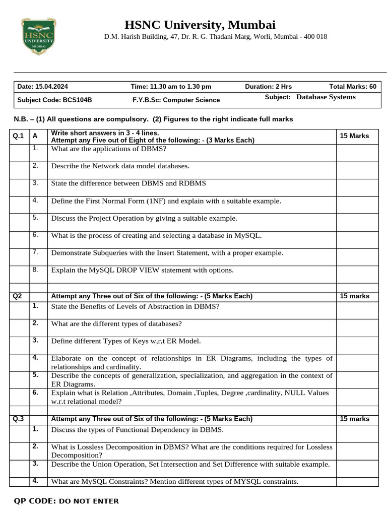 FYBSC-CS-SEM 2-Database Systems_SET2 | PDF | Databases | Relational Model