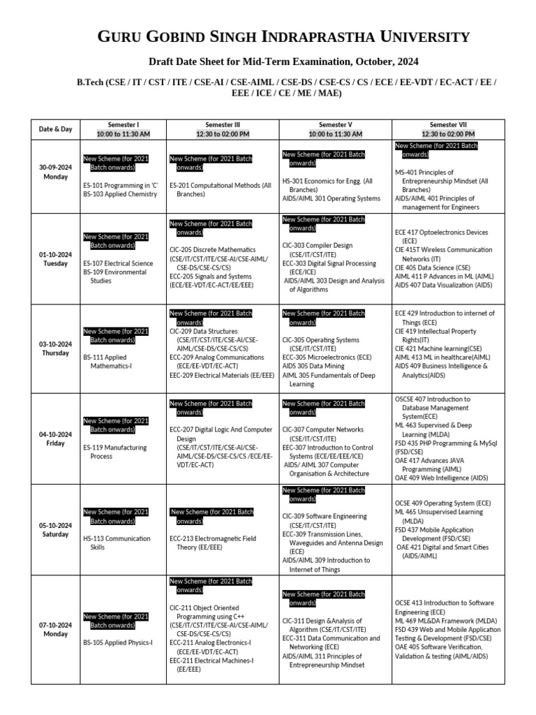 B.Tech Mid-Term Exam Schedule | PDF | Electronic Engineering | Electrical Engineering