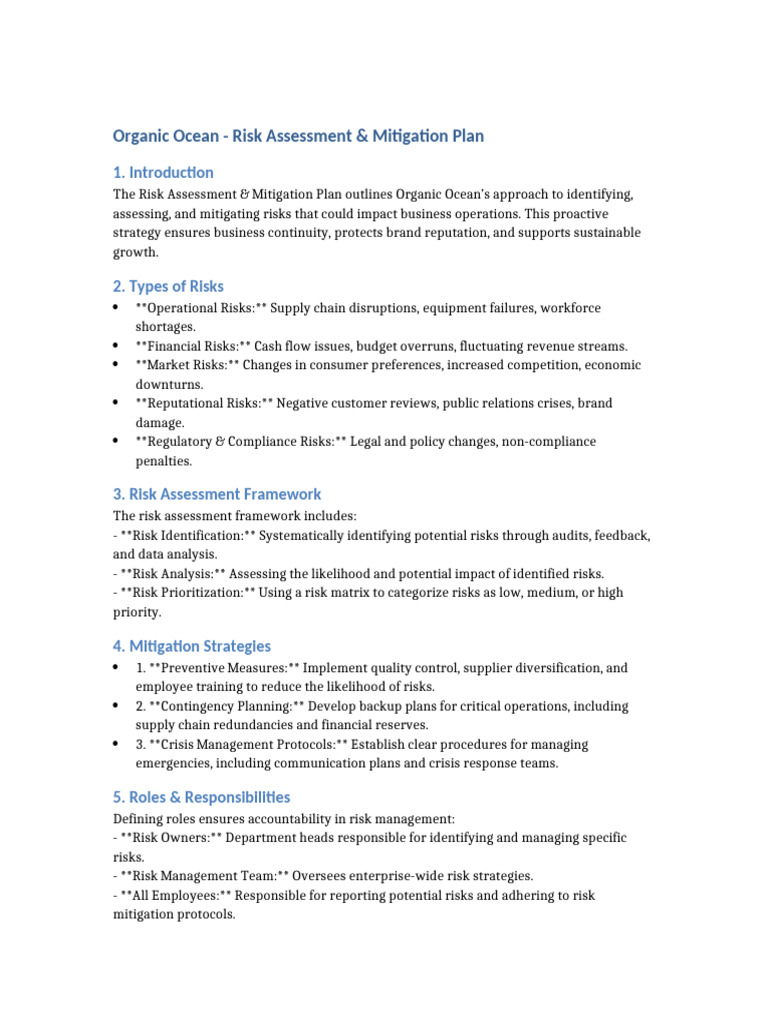 Organic Ocean Risk Mitigation Plan | PDF | Risk | Risk Management