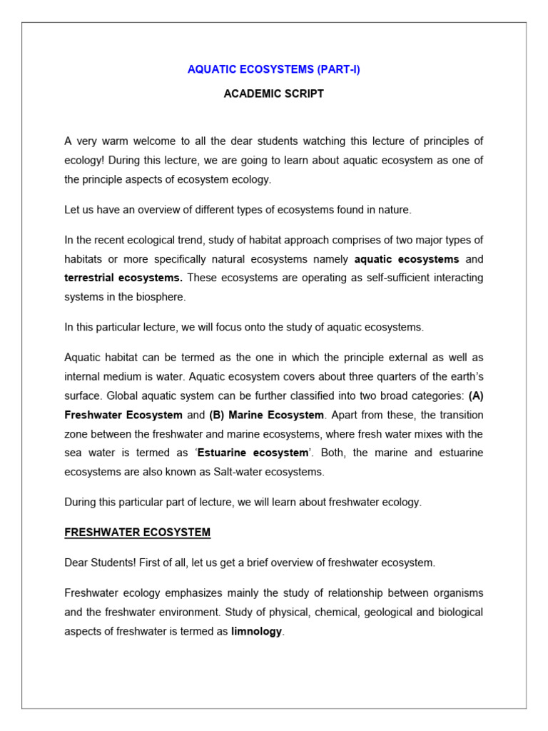 19_Aquatic Ecosystems (Part-I)200305101003032828 | PDF | Lake | Pond