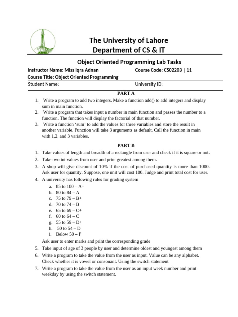 Object Oriented Programming Lab Tasks | PDF