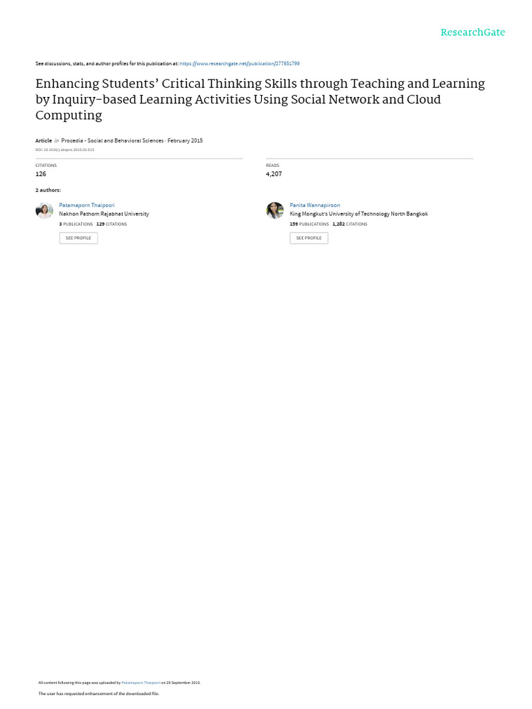 Enhancing Students Critical Thinking Skills Throu | PDF | Inquiry Based ...