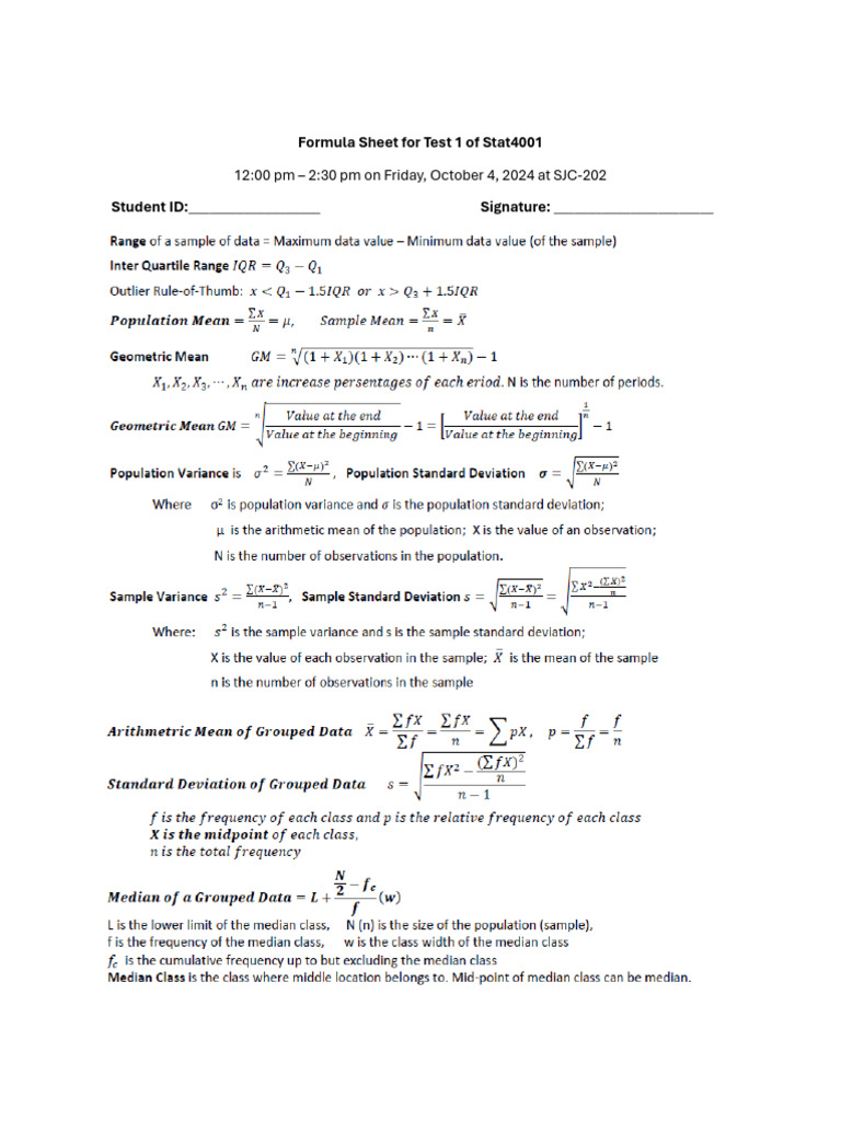 Formula Sheet - Test 1 - STAT4001 | PDF