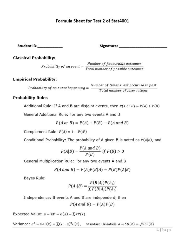 Formula Sheet - Test 2 - STAT4001 | PDF | Probability Distribution ...