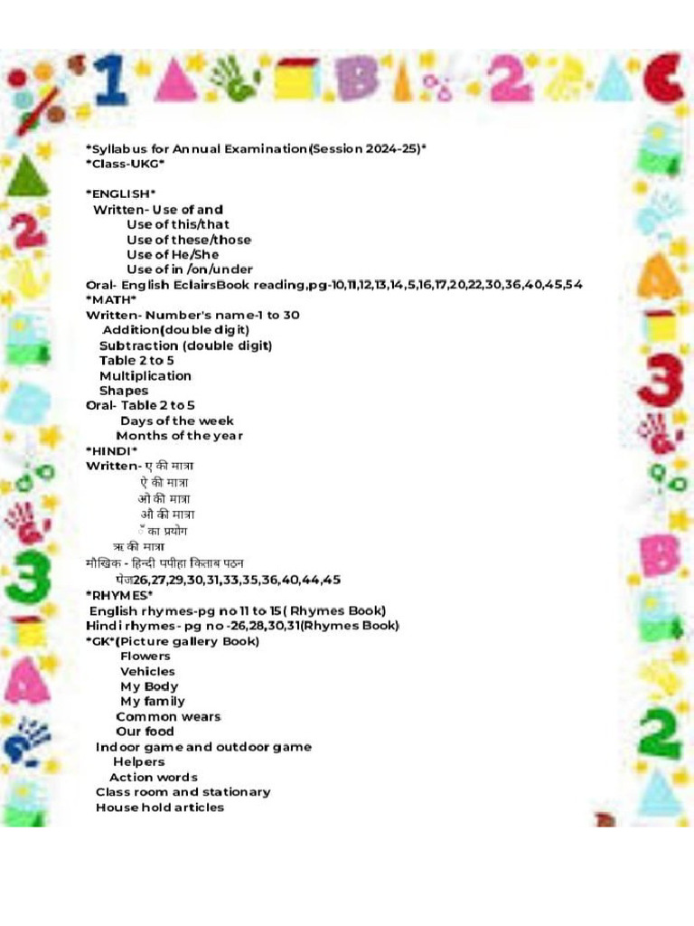 Annual Examination Syllabus, Class-UKG | PDF