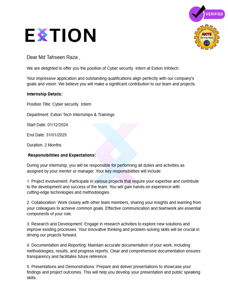 MD Tahseen Raza Offer Letter | PDF | Mentorship | Leadership