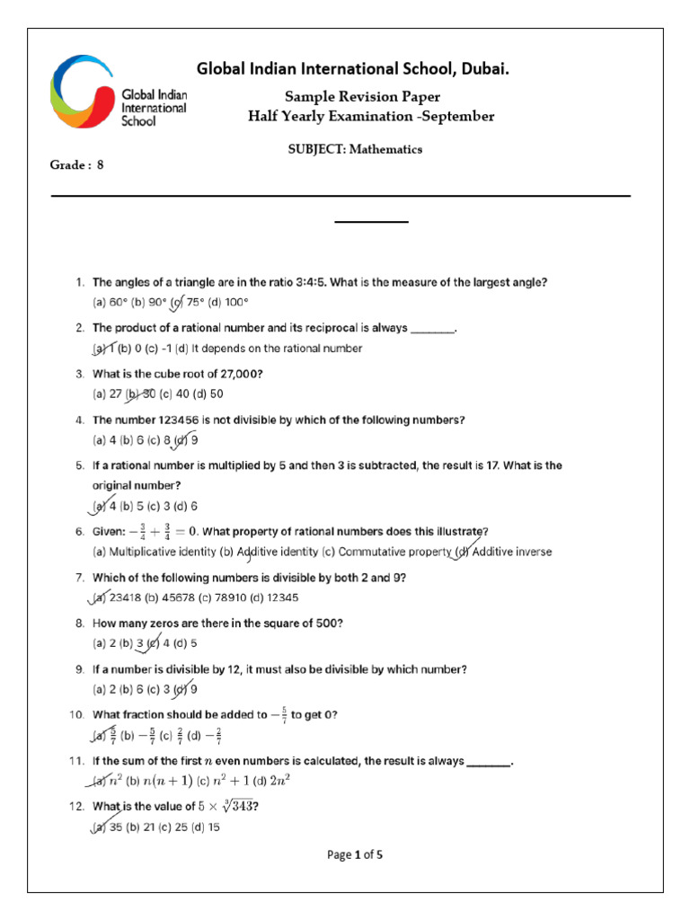 Math Grade 8 Sample Half Yearly 2024 25 New | PDF