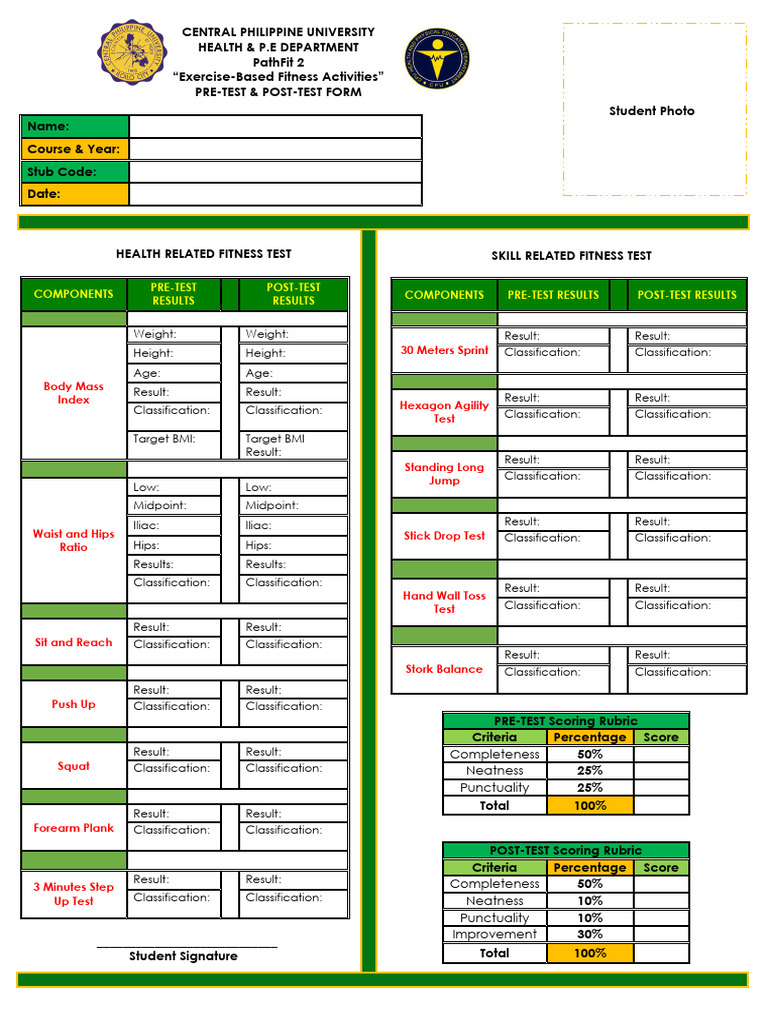 Pretest Post Test Pathfit 2 | PDF | Human Size | Weight