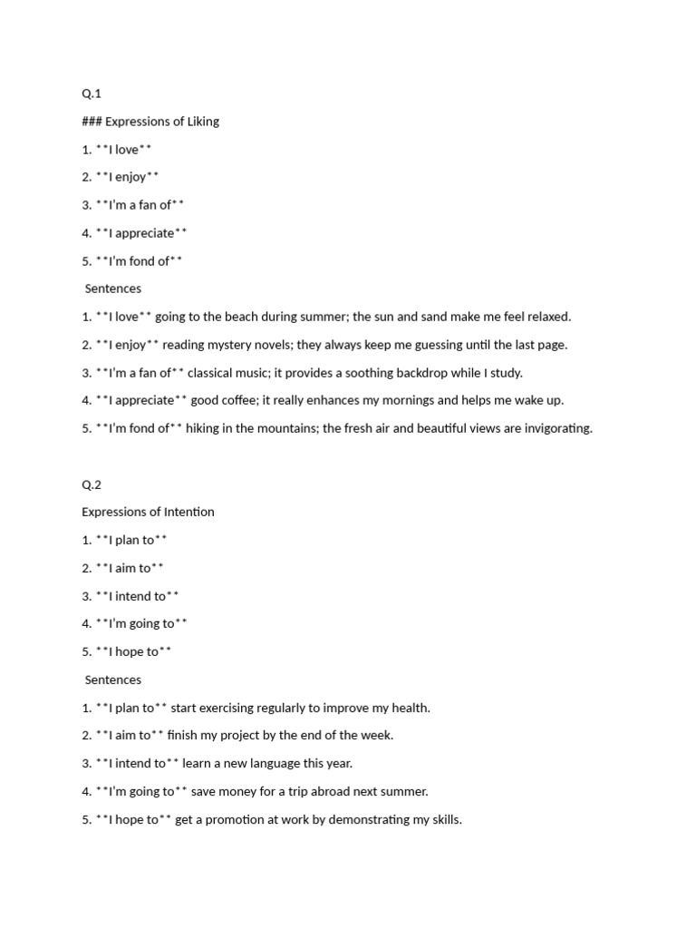 Write five words or expressions that are used to express liking for ...
