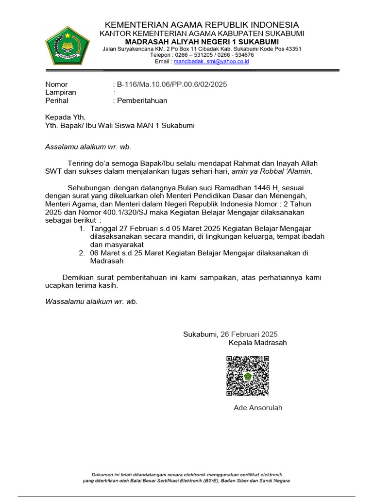 Pemberitahuan Libur Ramadhan | PDF