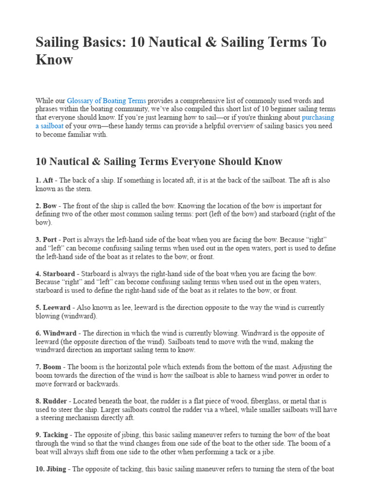 Sailing Basics - 10 Nautical - Sailing Terms To Know | PDF | Water ...