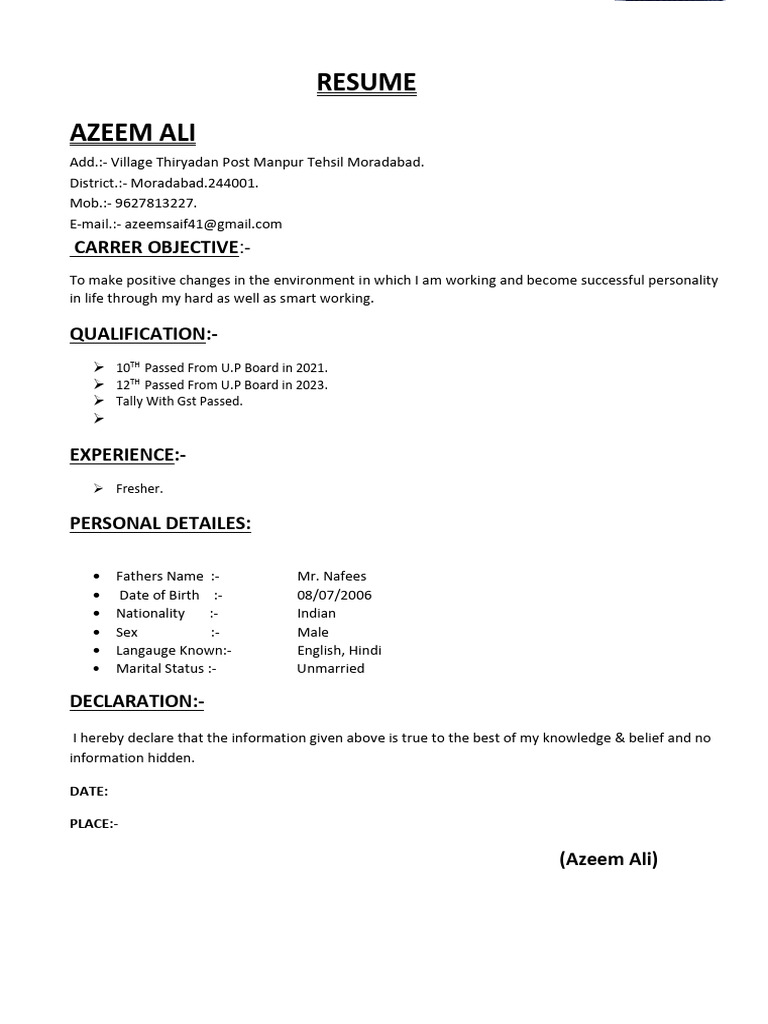 Resume Azeem Ali: Carrer Objective | PDF