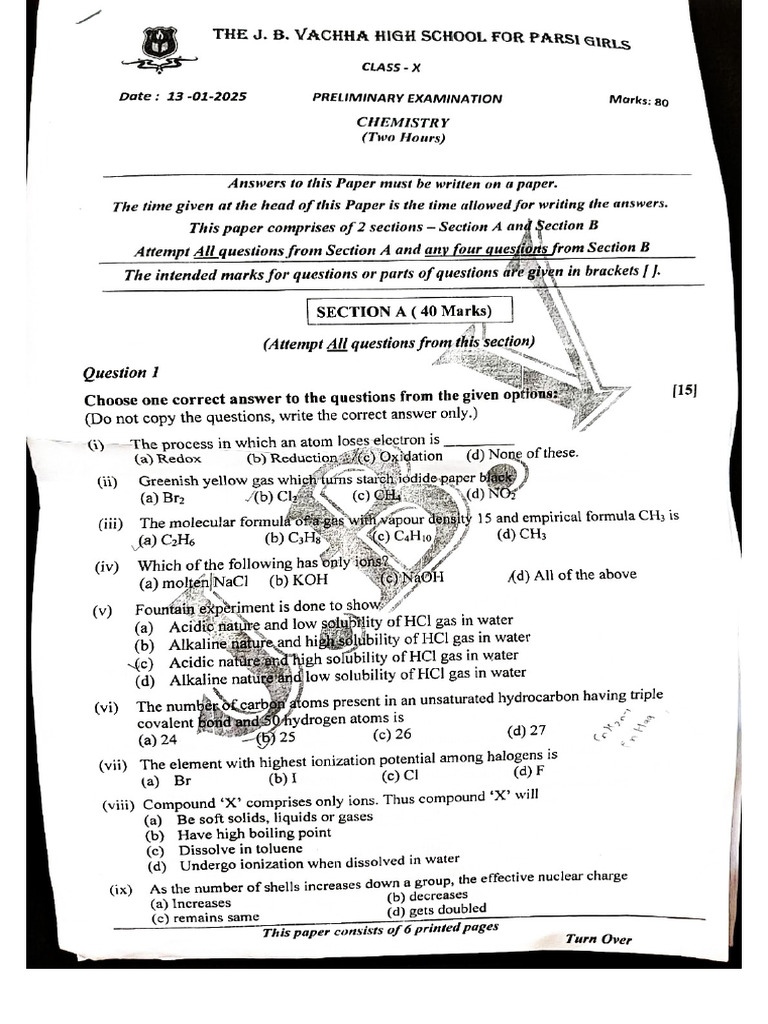 JBV Chemistry Prelim 2025 | PDF