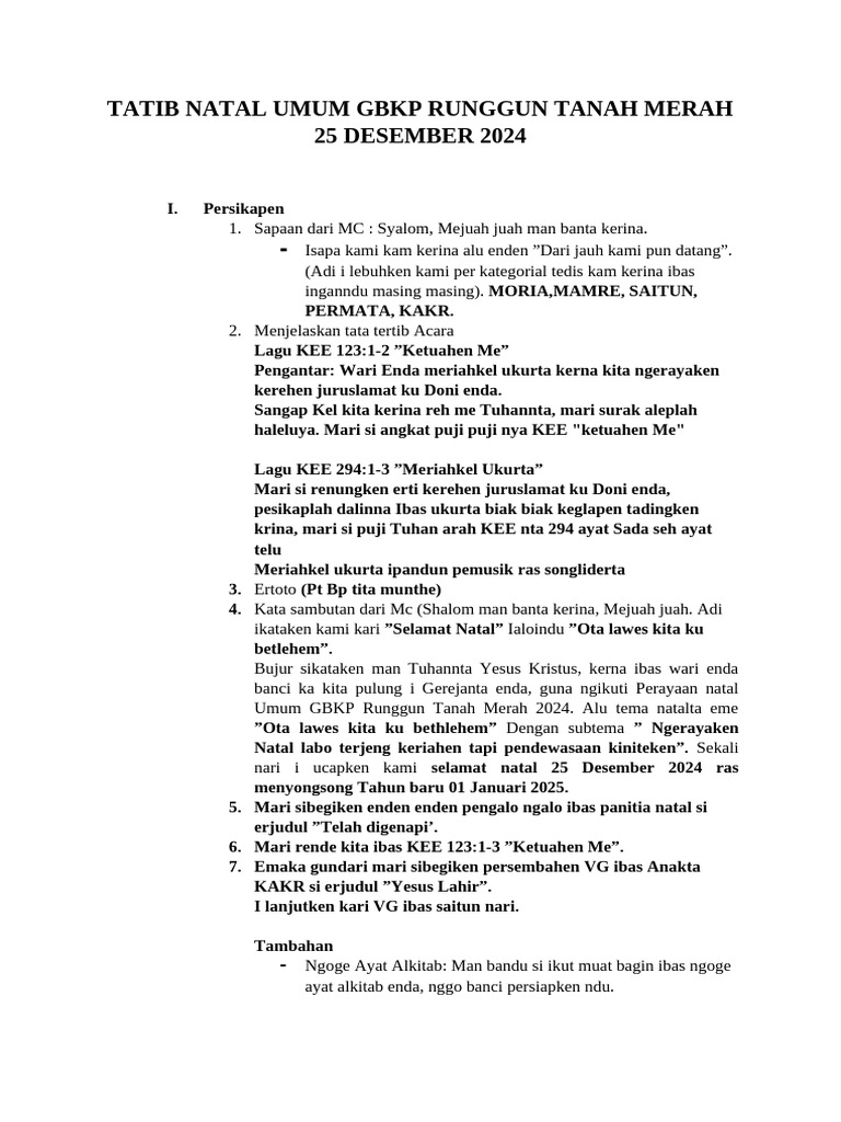 Tatib Natal Umum Gbkp Runggun Tanah Merah 25 Desember 2024 | PDF