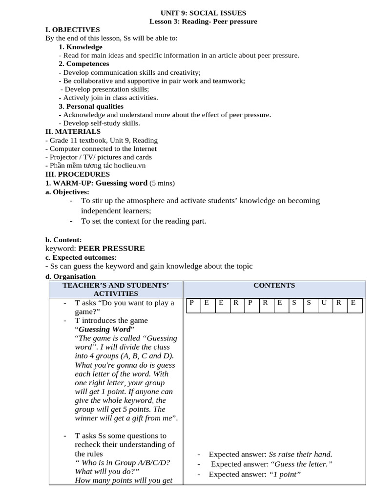 Lesson Plan 11 - Unit 9 Reading | PDF | Question | Vocabulary