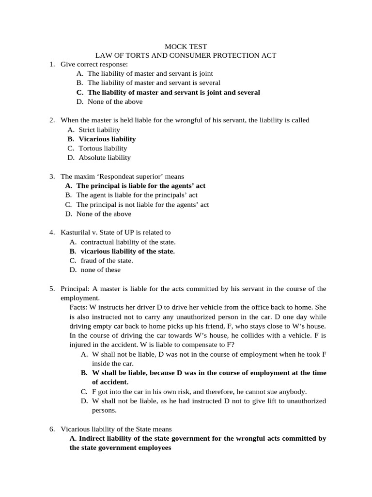 MCQ on Consumer Protection Act | PDF | Legal Liability | Vicarious ...