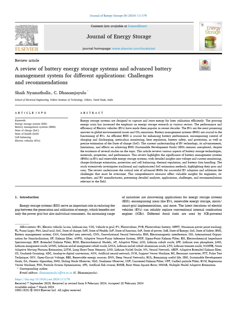 A Review of Battery Energy Storage Systems and Advanced Battery ...