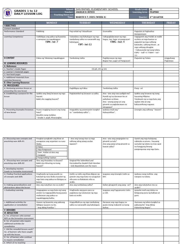DLL - Filipino 3 - Q4 - W4 | PDF
