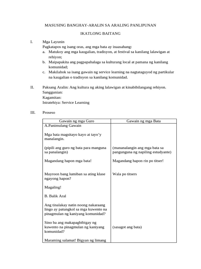 lesson plan aral-pan | PDF