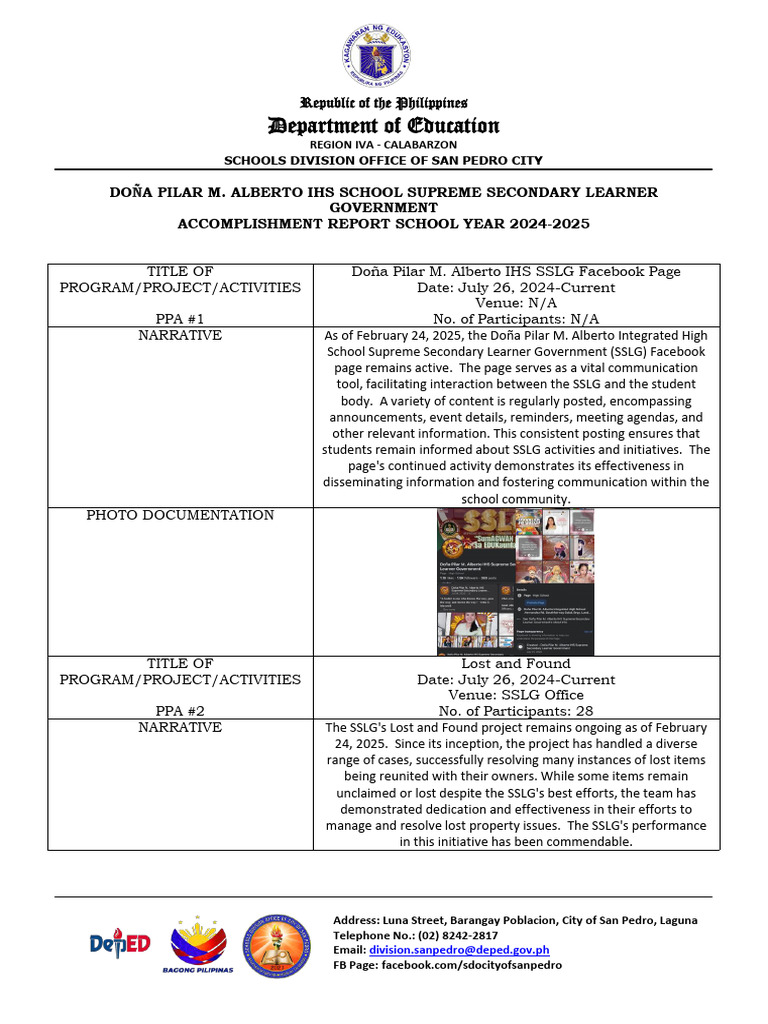 Dpmaihs SSLG Officer S.Y 2024 2025 Accomplishment.. | PDF