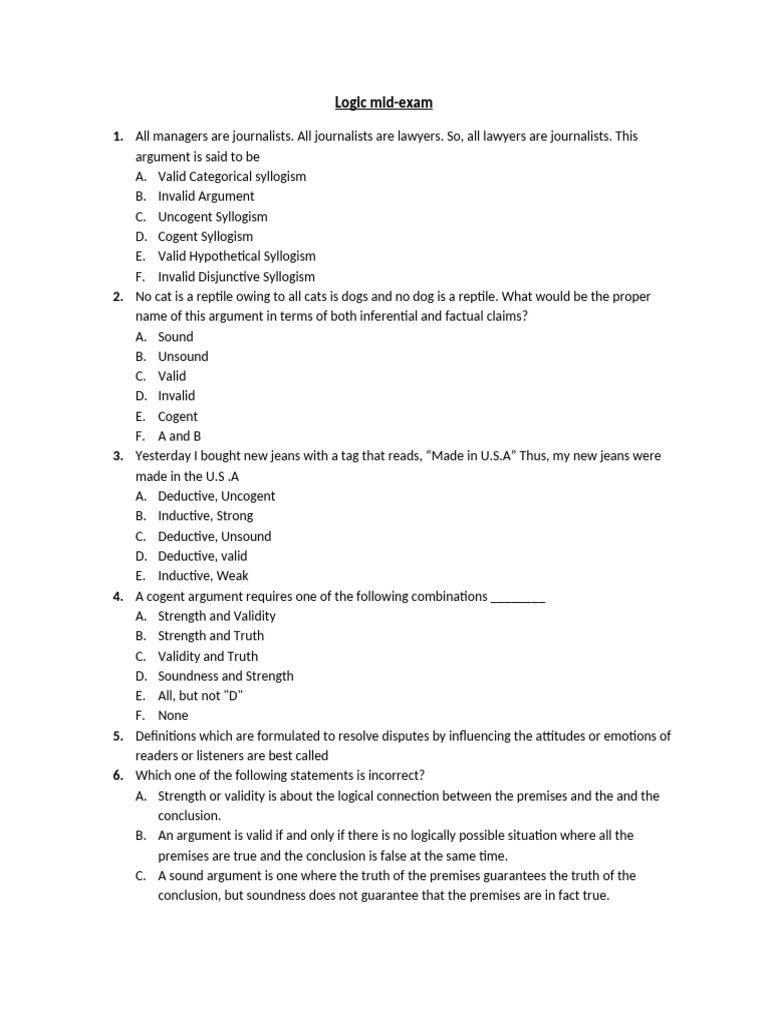 Logic mid exam | PDF | Argument | Deductive Reasoning