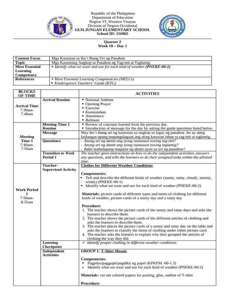 CO Lesson Plan Q2 Week 10 Day 1 | PDF | Clothing