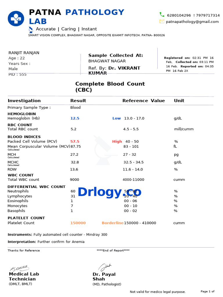 CBC Test Report Format Example Sample Template Drlogy Lab Report | PDF ...