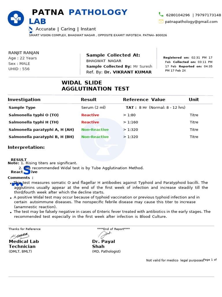 Positive Widal Test Report Format Example Sample Template Drlogy Lab ...
