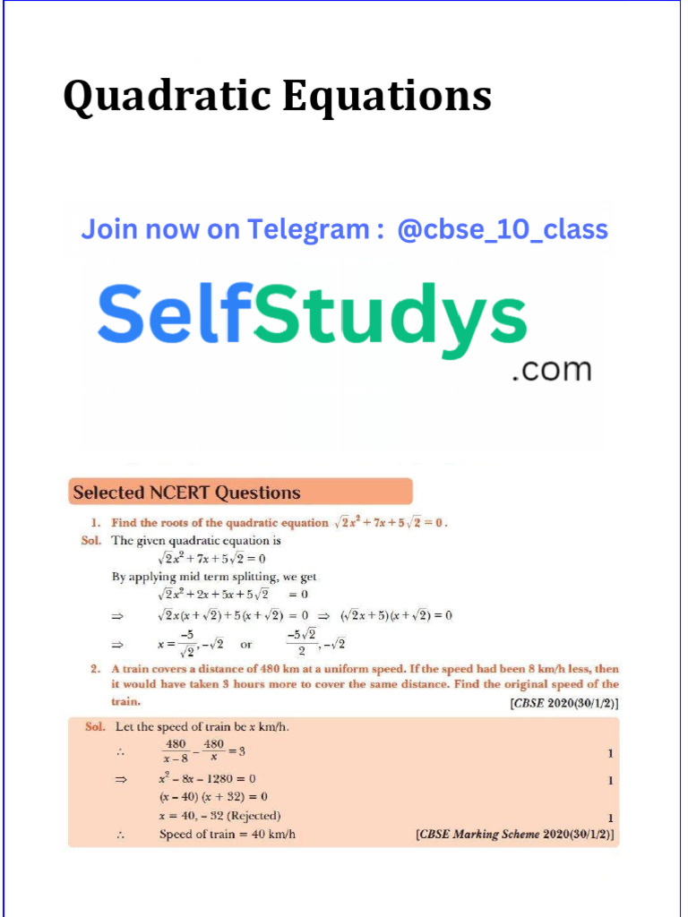 NCERT Quadratic Equations Solutions | PDF | Quadratic Equation | Speed