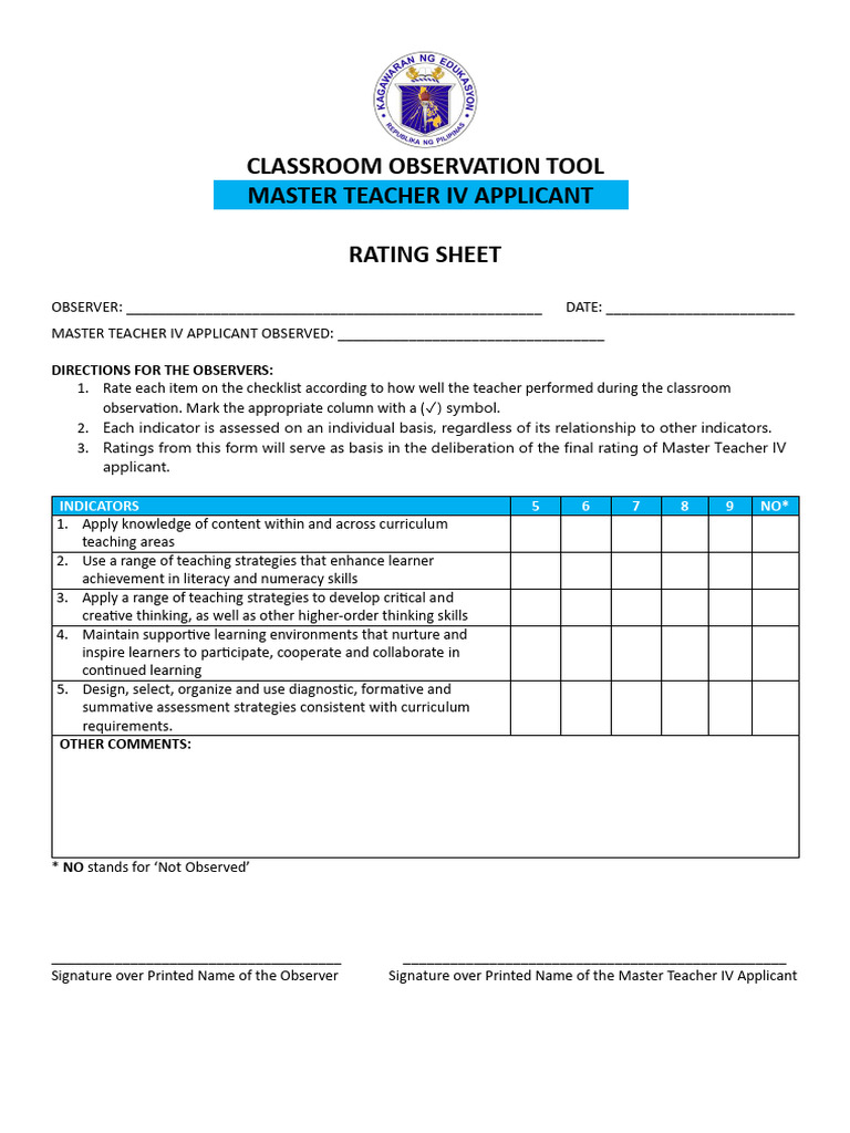 COT Rating Sheet Master Teacher IV | PDF