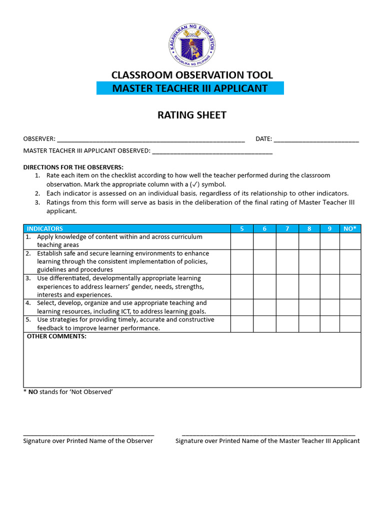 Master Teacher III Observation Rating Sheet | PDF