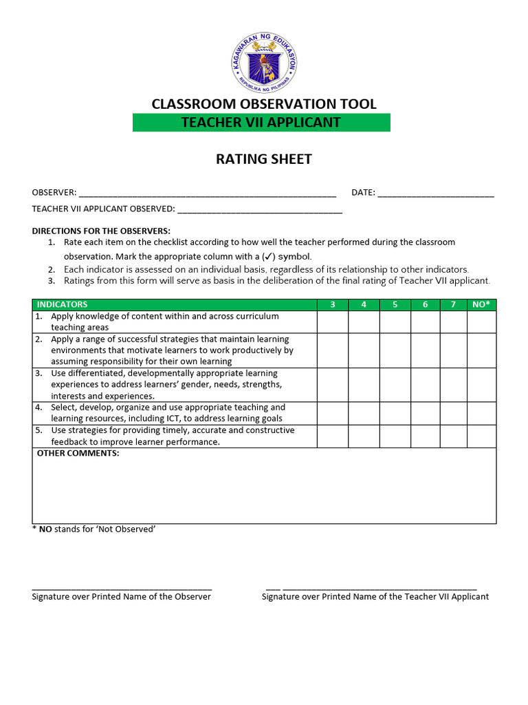 COT Rating Sheet Teacher VII | PDF