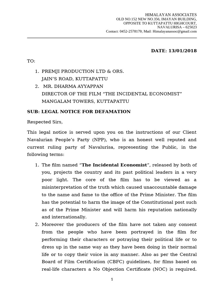 Legal Notice for Defamation Issued | PDF | Defamation | Common Law