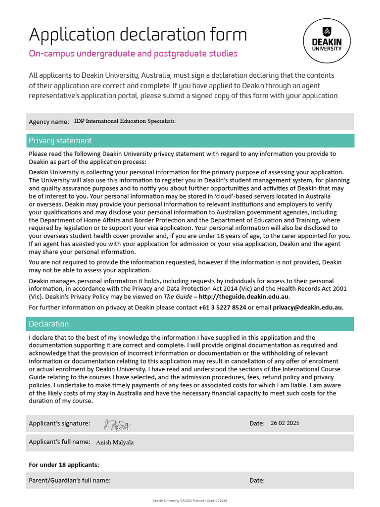Deakin University Application Declaration | PDF