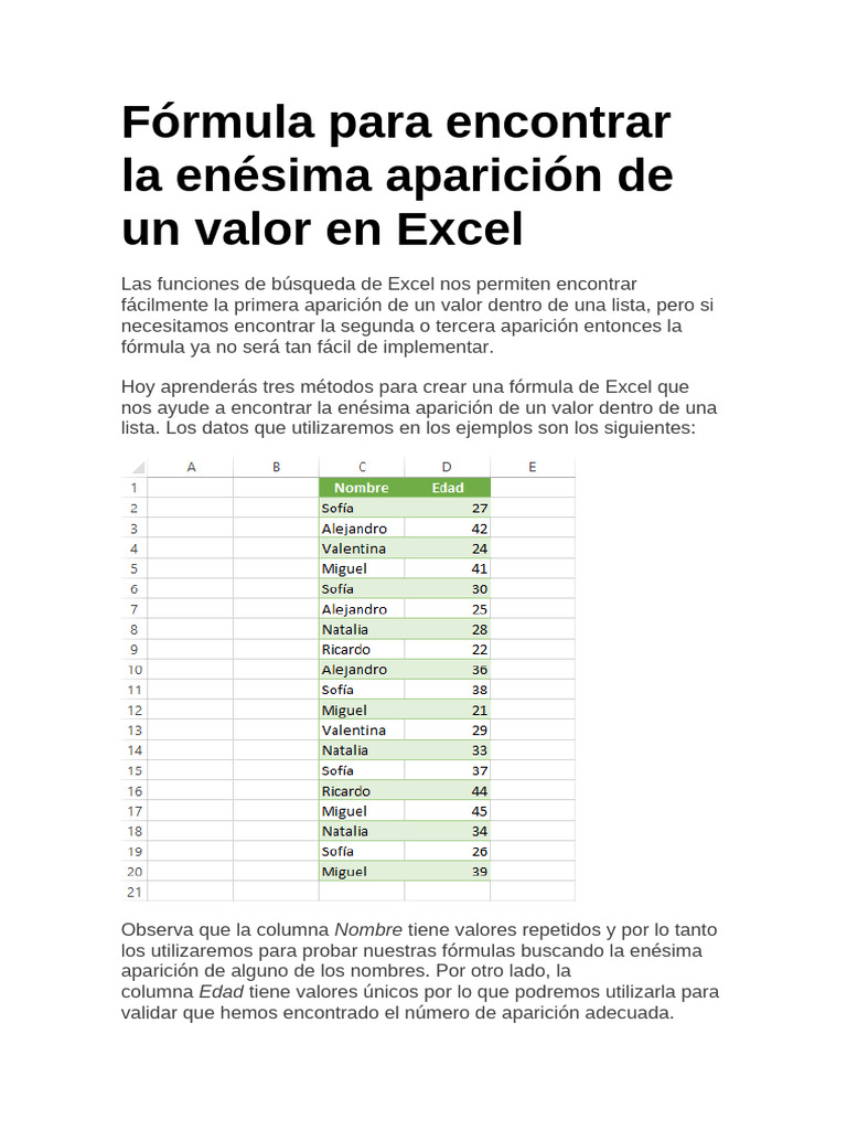 Fórmula para encontrar la enésima aparición de un valor en Excel | PDF ...