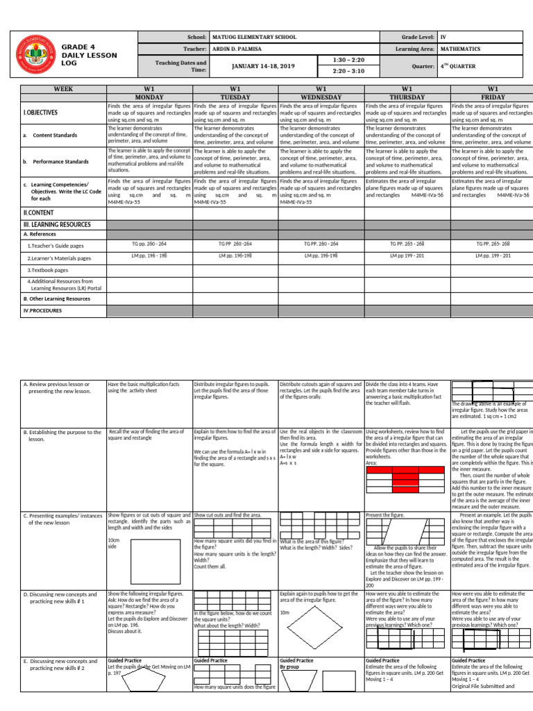 Grade 4 DLL Math 4th Quarter Week 1 | PDF | Area | Learning