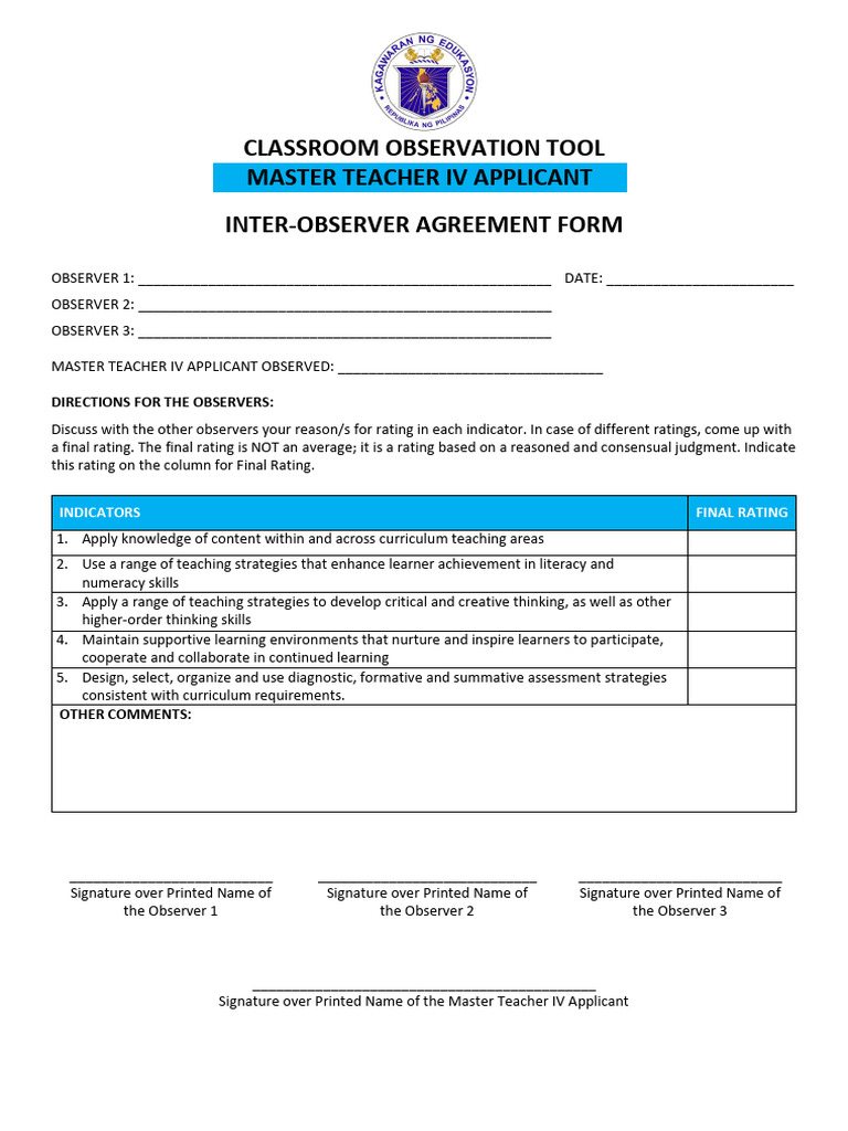 COT Inter-Observer Master Teacher IV | PDF