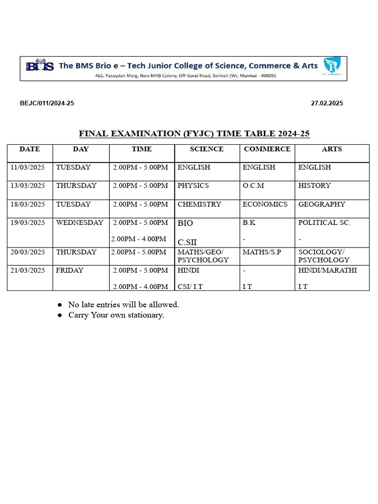 Fyjc Final Exam Timetable | PDF