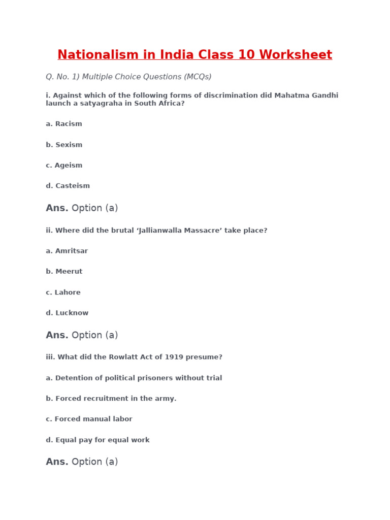 Nationalism in India -WS | PDF | Mahatma Gandhi | Indian Nationalism