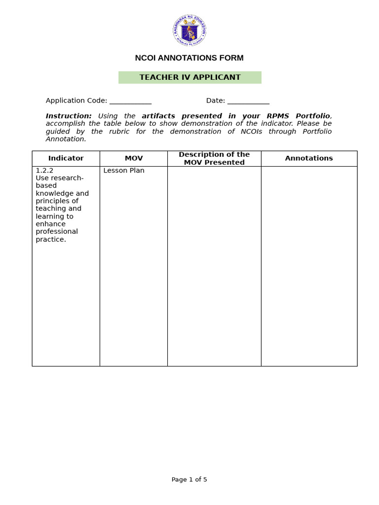 TIV-NCOI Annotations Form | PDF | Learning | Annotation