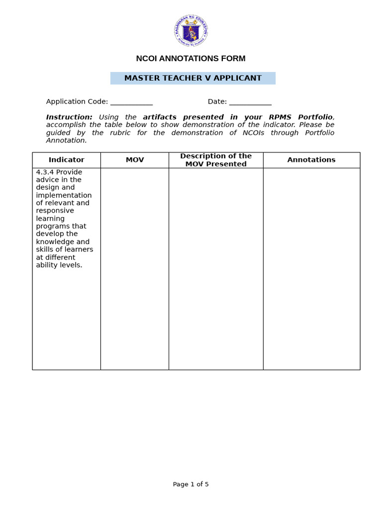 MTV-NCOI Annotations Form | PDF | Annotation | Rubric (Academic)