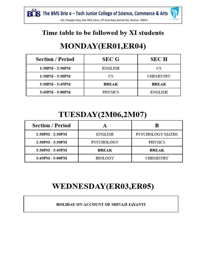 XI Student Weekly Timetable | PDF